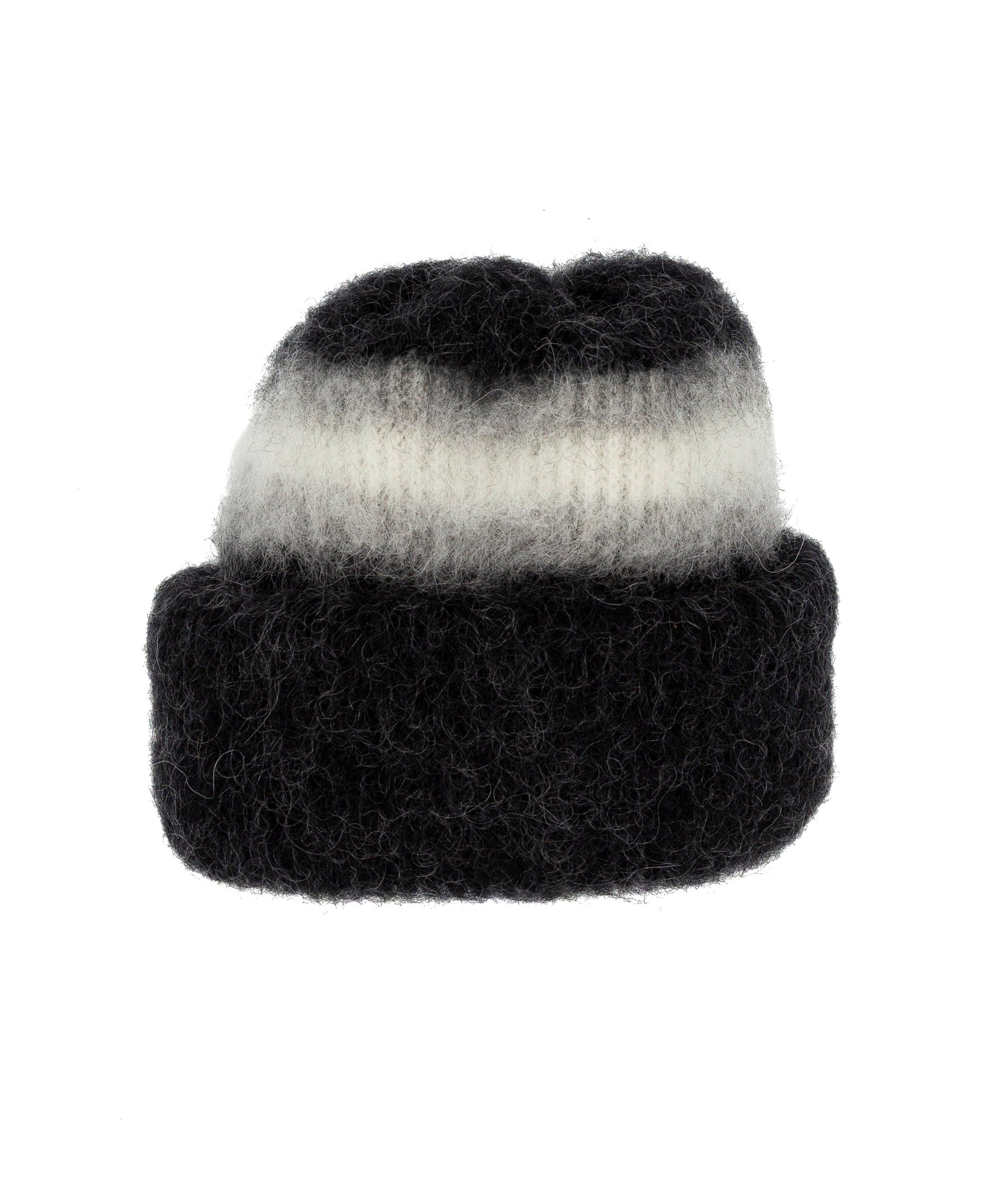 Brushed Icelandic Black Wool Hat with white and grey stripes