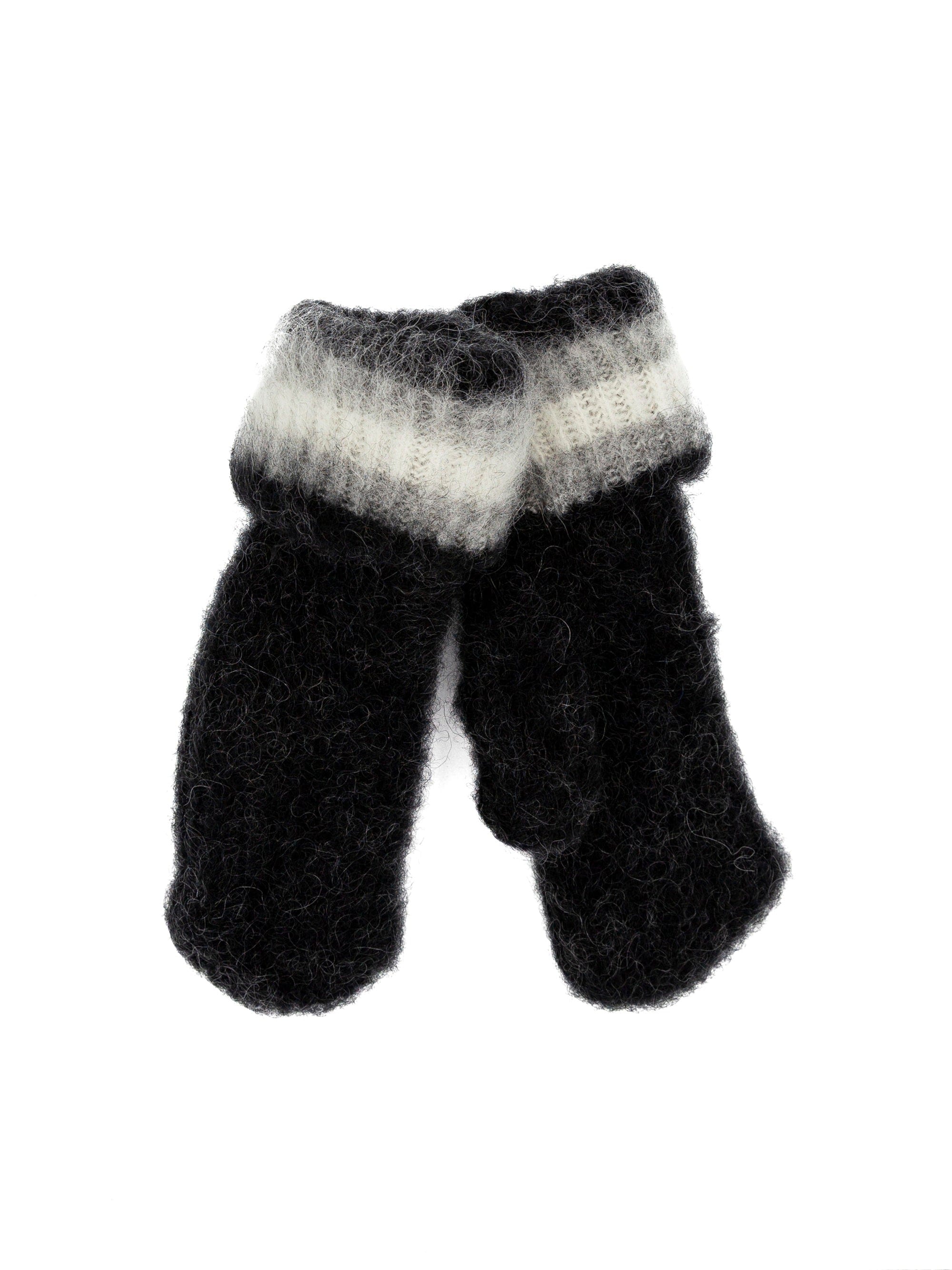 Black brushed wool mittens with white and grey stripes - Made in Iceland