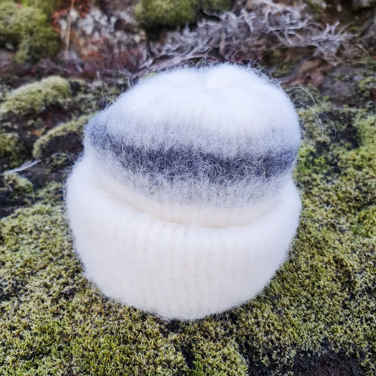 Brushed White Wool Hat - Grey stripes | Icelandic Wool Accessories