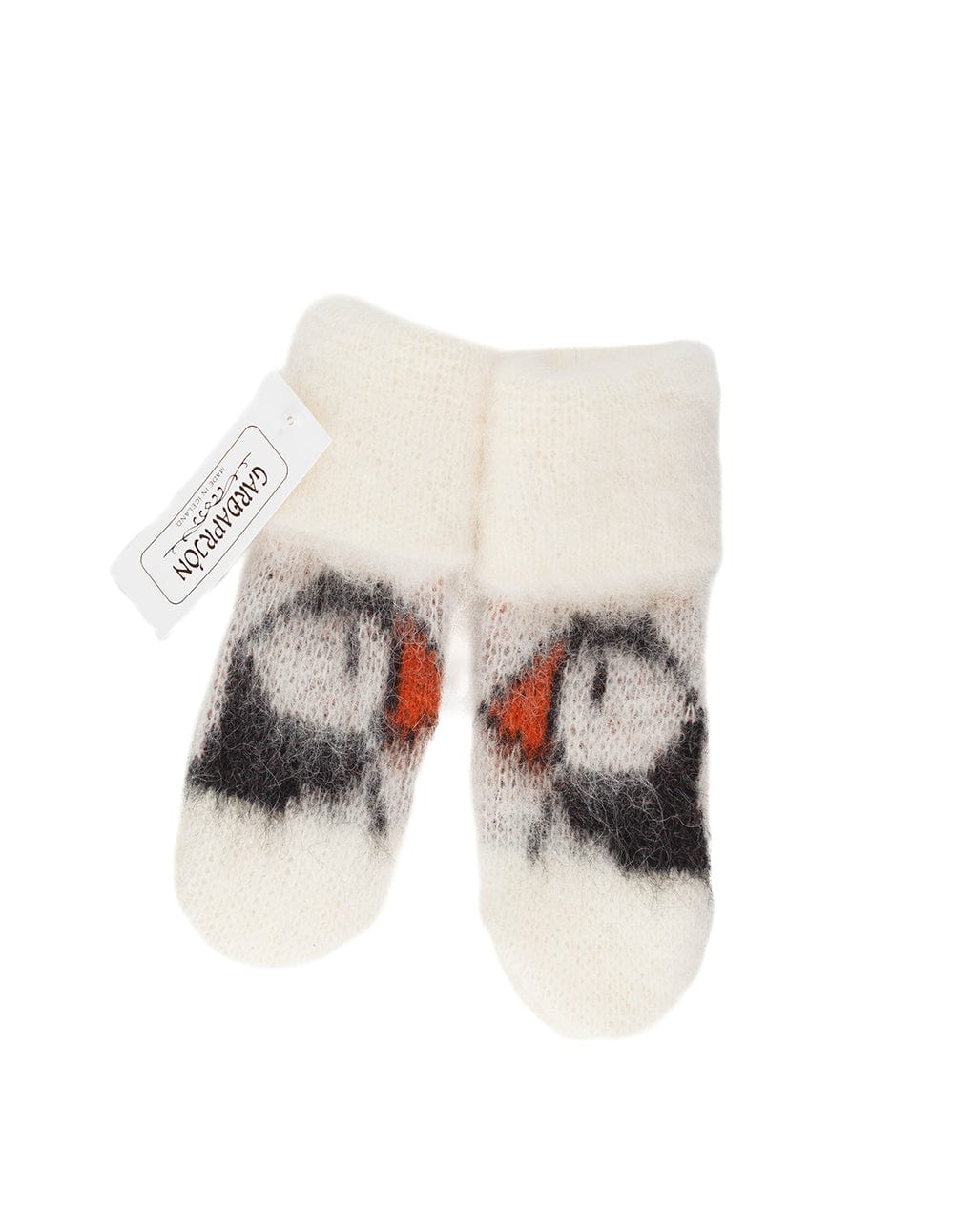 Icelandic white wool mittens with puffin pattern. Icelandic woolen design