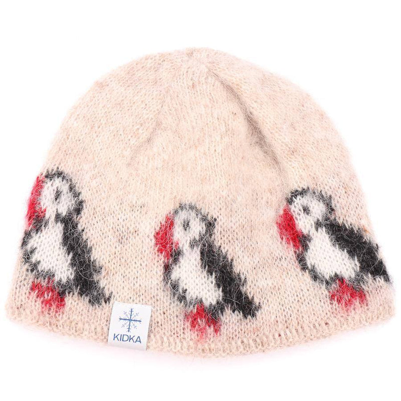 White Wool Beanie Hat Puffin pattern | Icelandic Woolen Accessories