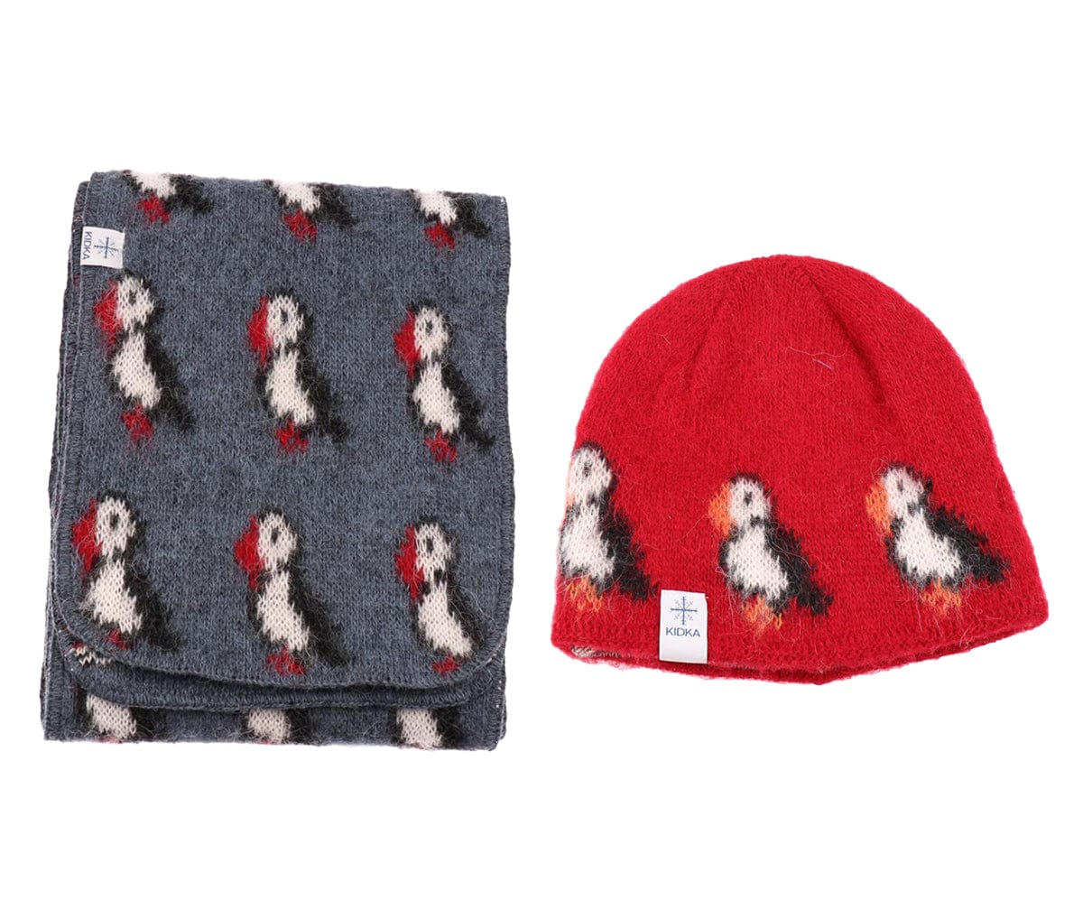 Wool scarf blue and red beanie with puffin pattern set. Icelandic design
